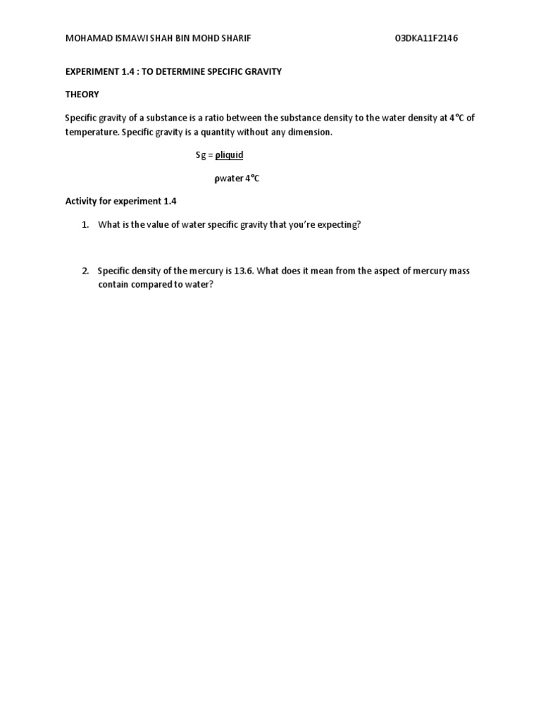 Specific Gravity Experiment Guide | PDF