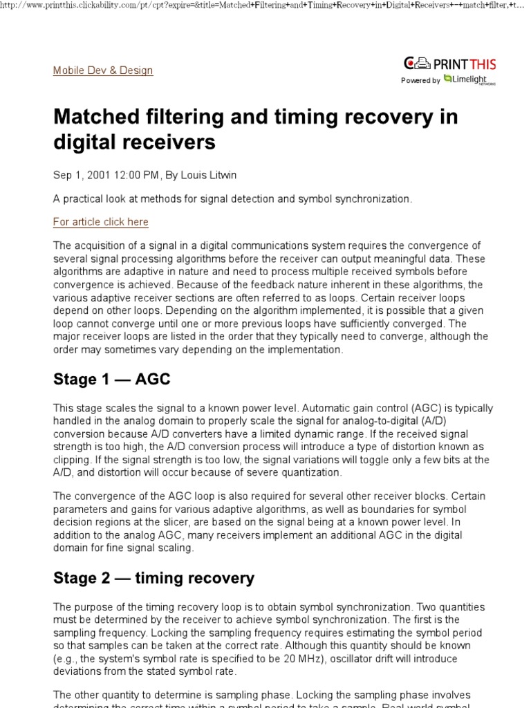 Matched Filtering and Timing Recovery in Digital Receivers - Match ...