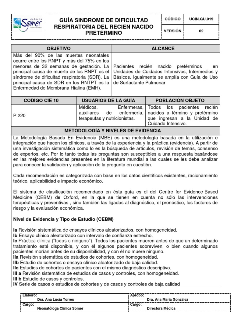 Guia 002 SDR Del RNPT. Sindrome de Dificultad Respiratoria Del Recien Nacido Pretermino PDF ...