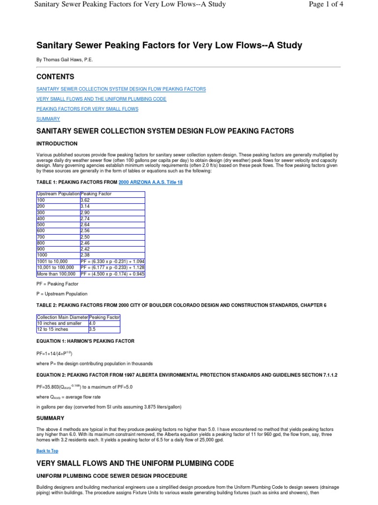 Sanitary Sewer Peaking Factors for Very Low Flows--A Study