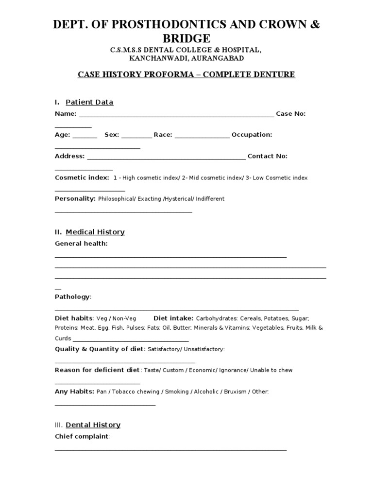 Complete Denture Case History Proforma | PDF | Dentures | Mouth