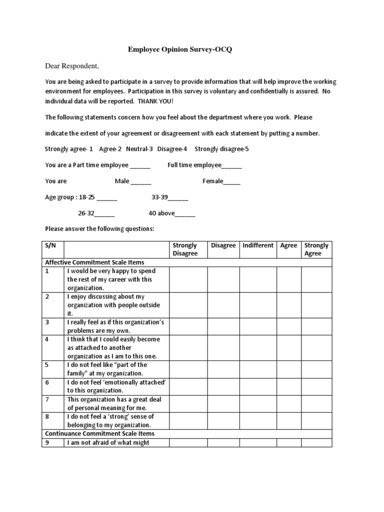 Dear Respondent,: Employee Opinion Survey-OCQ | Download Free PDF ...