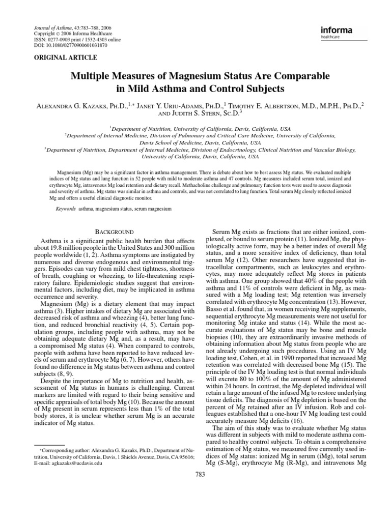 Multiple Measures of Magnesium Status Are Comparable in Mild Asthma and ...