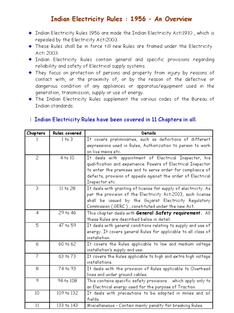 Indian Electricity Rules: 1956 - An Overview | PDF | Safety ...