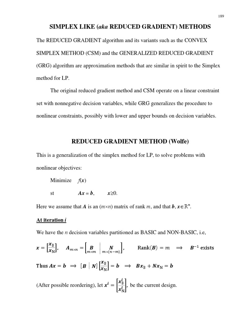Simplex Like (Aka Reduced Gradient) Methods: at Iteration I | PDF ...