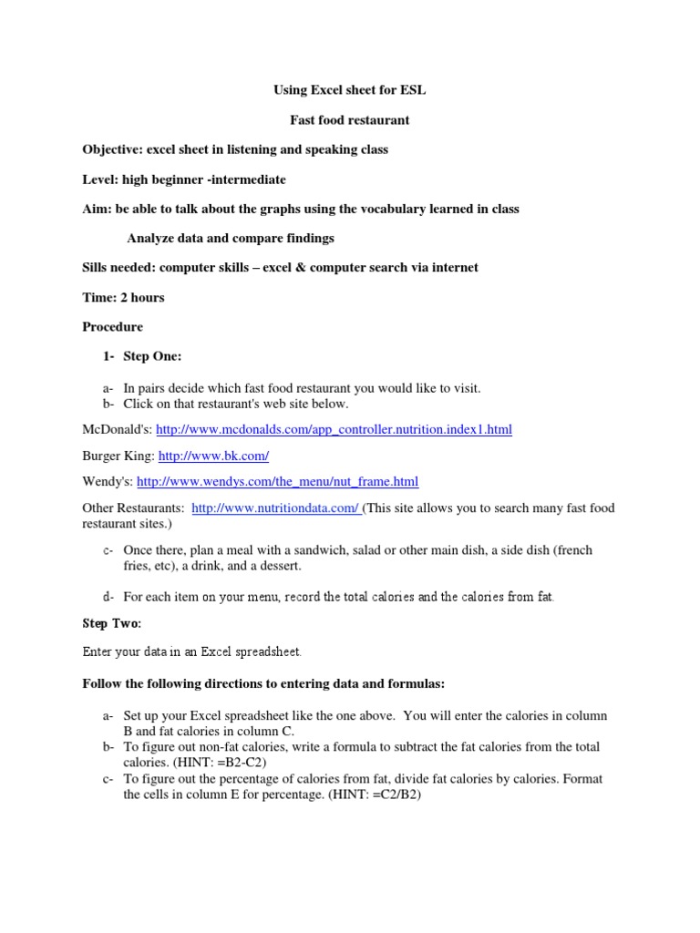 ESL Excel Lesson Plan | PDF | Microsoft Excel | Chart