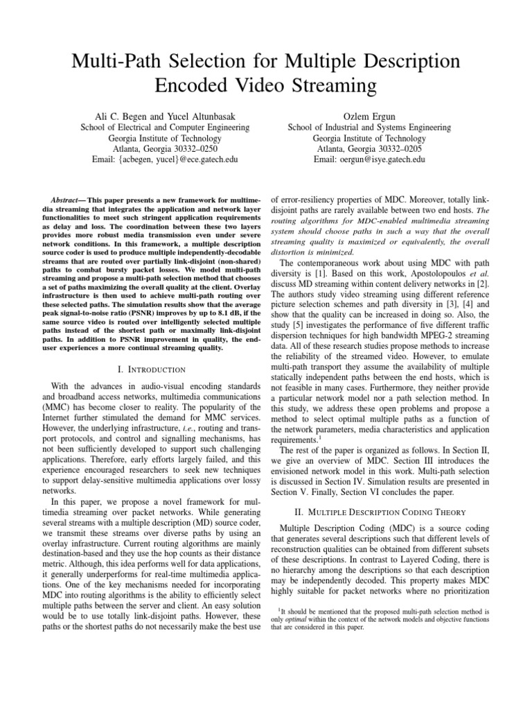 Multi-Path Selection For Multiple Description Encoded Video Streaming | PDF | Routing ...