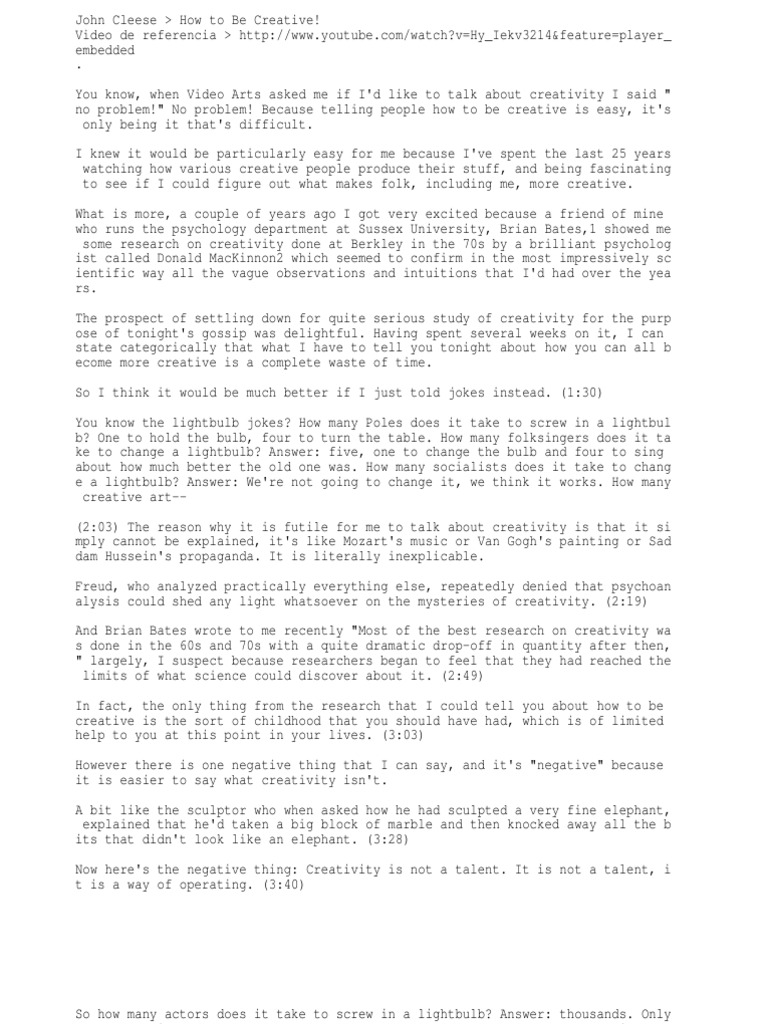 John Cleese - How To Be Creative! | Download Free PDF | Humour | Laughter