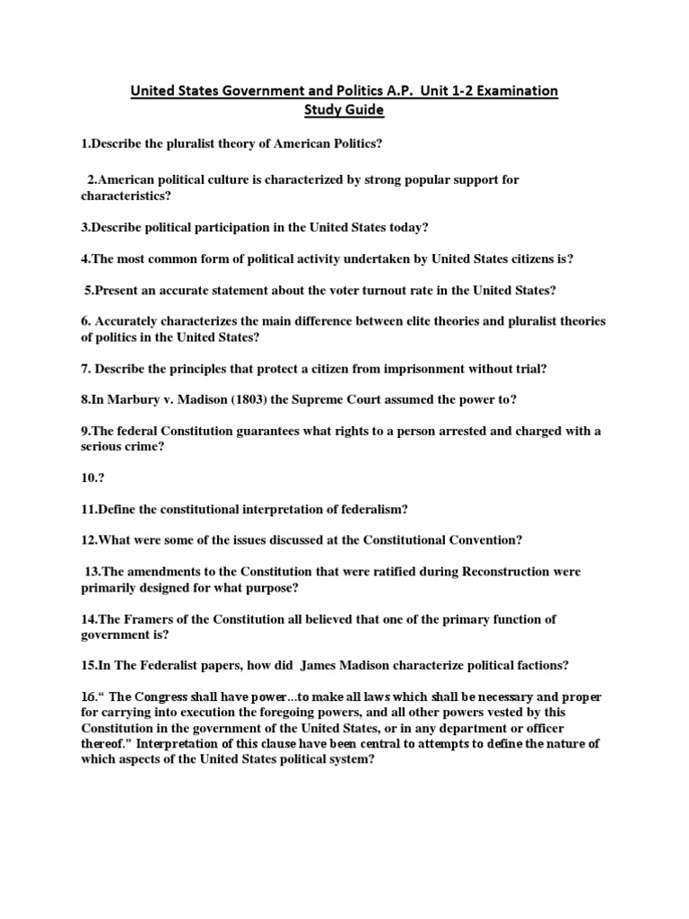 United States Government and Politics A.P. Unit 1-2 Examination Study ...