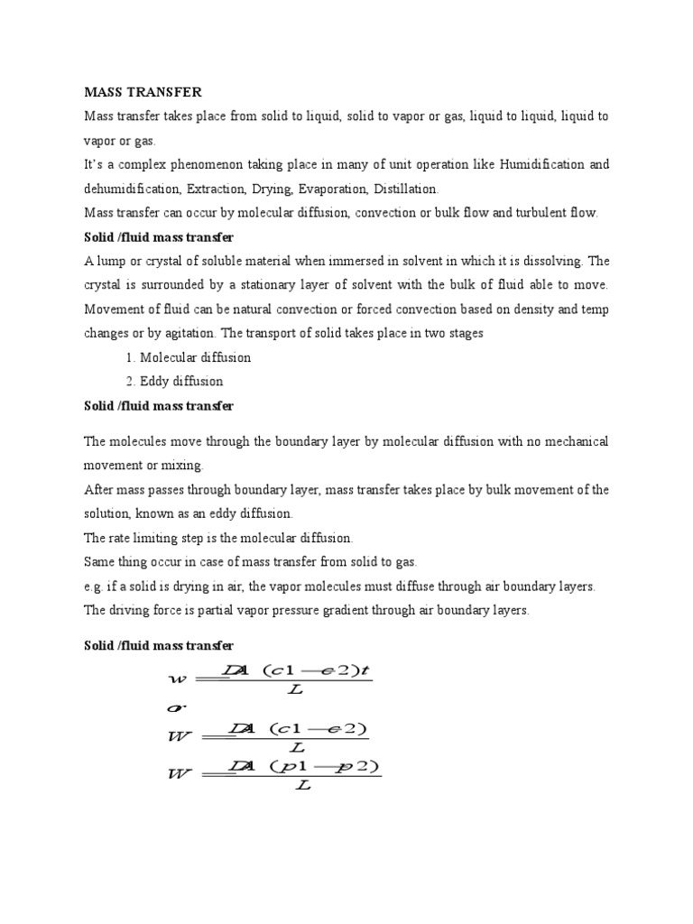 Mass Transfer: L T C C D A W | PDF | Science & Mathematics