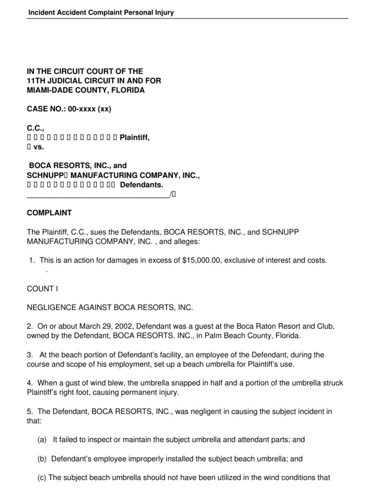 Incident Complaint Personal Injury | Negligence | Damages