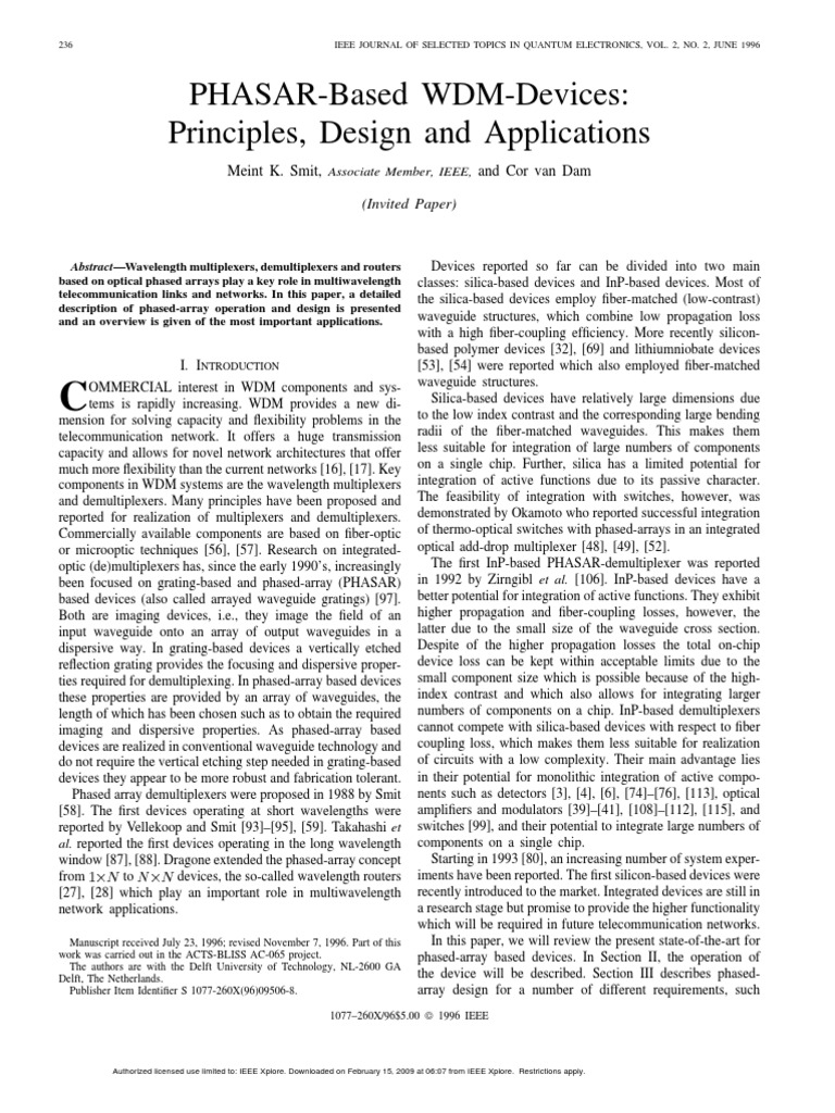 PHASAR-Based WDM-Devices Principles, Design and Applications | PDF | Waveguide | Dispersion (Optics)