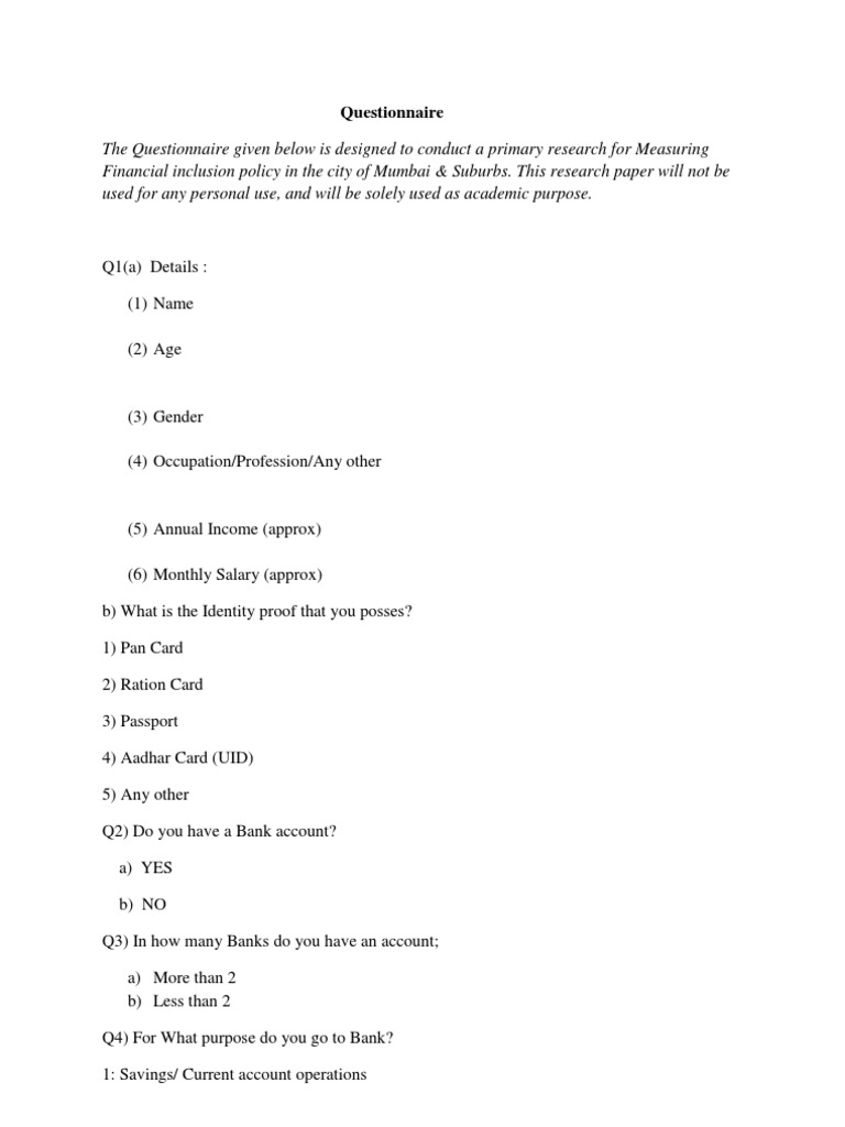A Questionairre on Financial Inclusion | Financial Inclusion | Banks
