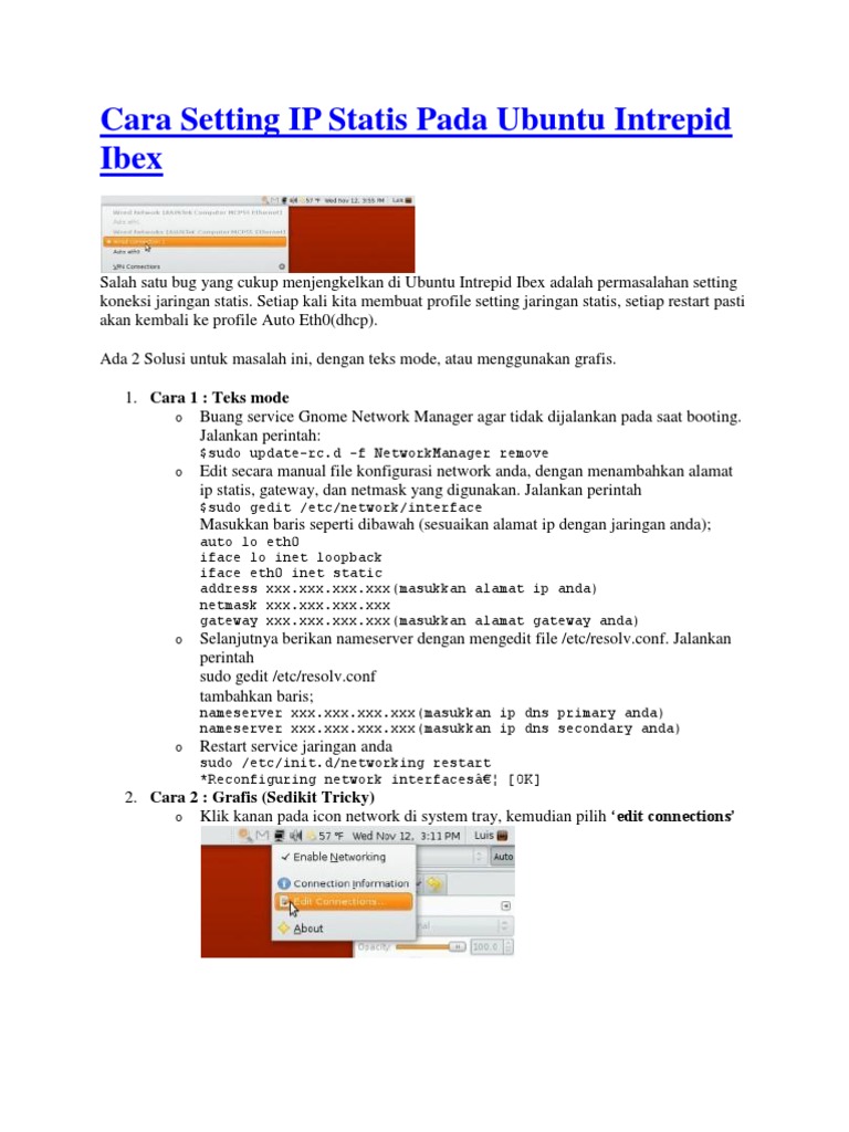 Cara Setting IP Statis Pada Ubuntu Intrepid Ibex | PDF