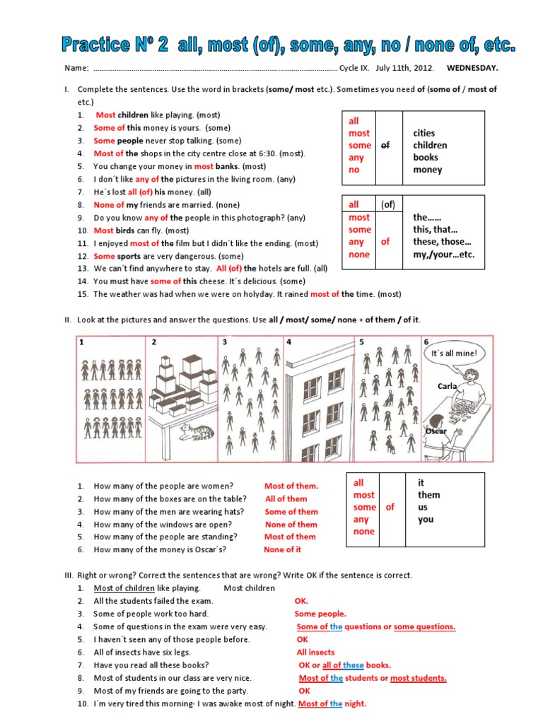 2 All, Most (Of) Little, Some, Any, No. None Of, Etc. With KEY | PDF ...