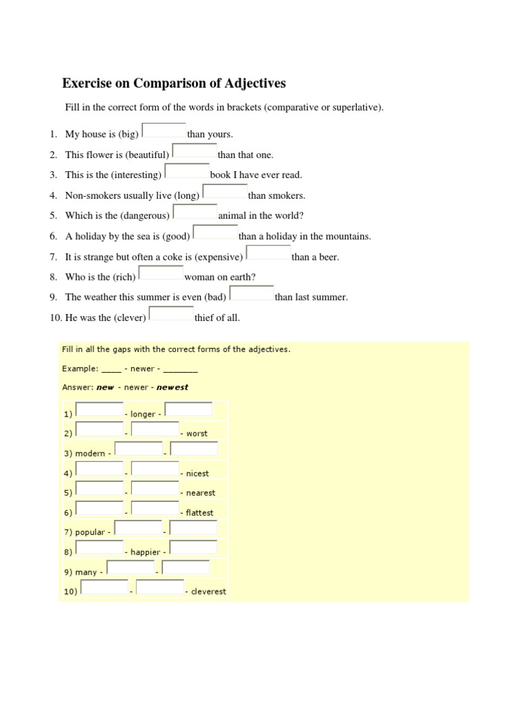 Exercise On Comparison of Adjectives | PDF | Grammar | Language Mechanics