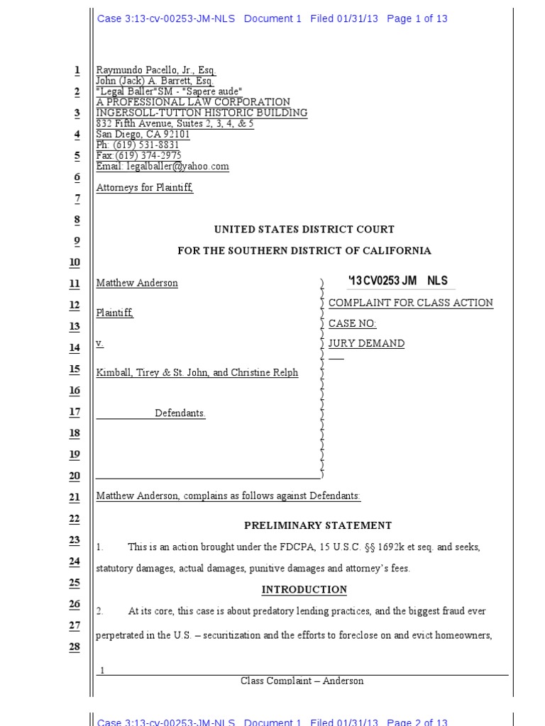 Class Complaint | PDF | Foreclosure | Class Action
