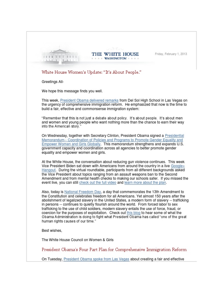 White House Women's Update: "It's About People.": Friday, February 1 ...