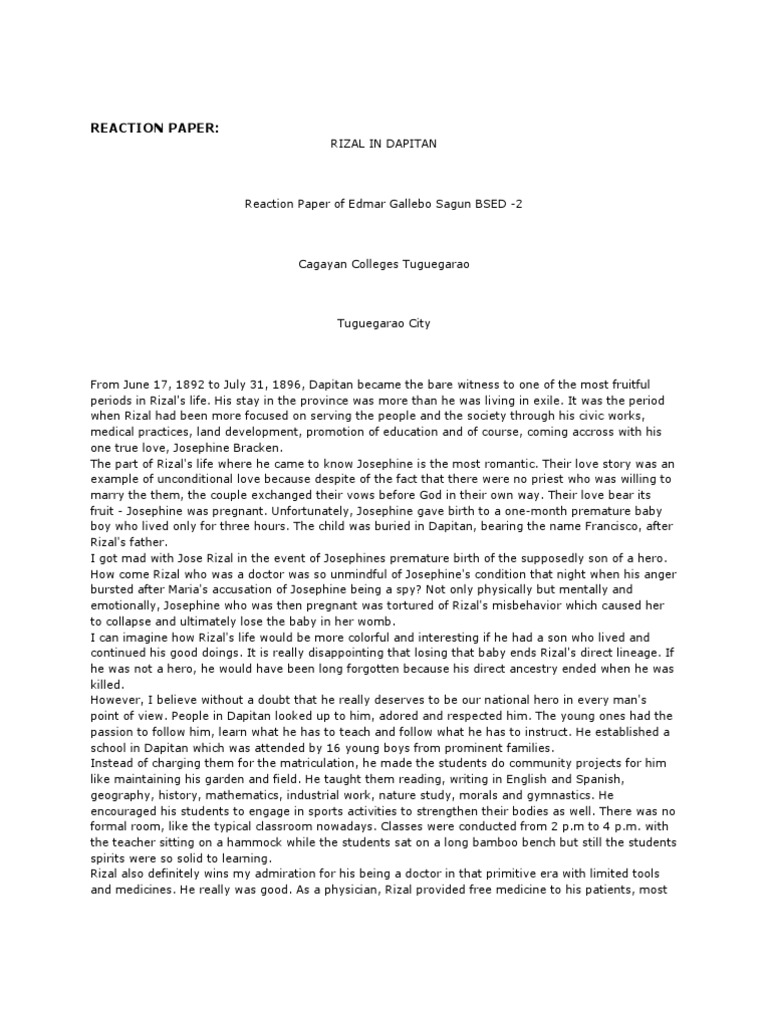 REACTION PAPER - Rizal's Exile in Dapitan | PDF | Unrest | Wellness REACTION PAPER - Rizal's Exile in Dapitan | PDF | Unrest | Wellness