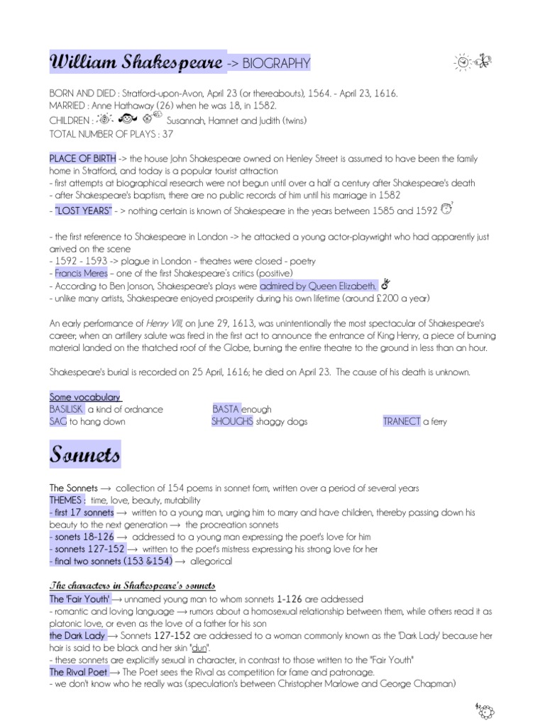 Handout On Shakespeare | PDF | Shakespeare's Sonnets | Poetic Form