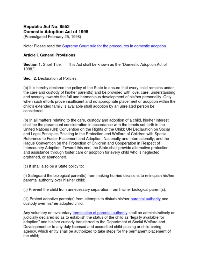 Ra 8552 | Download Free PDF | Adoption | Child Custody
