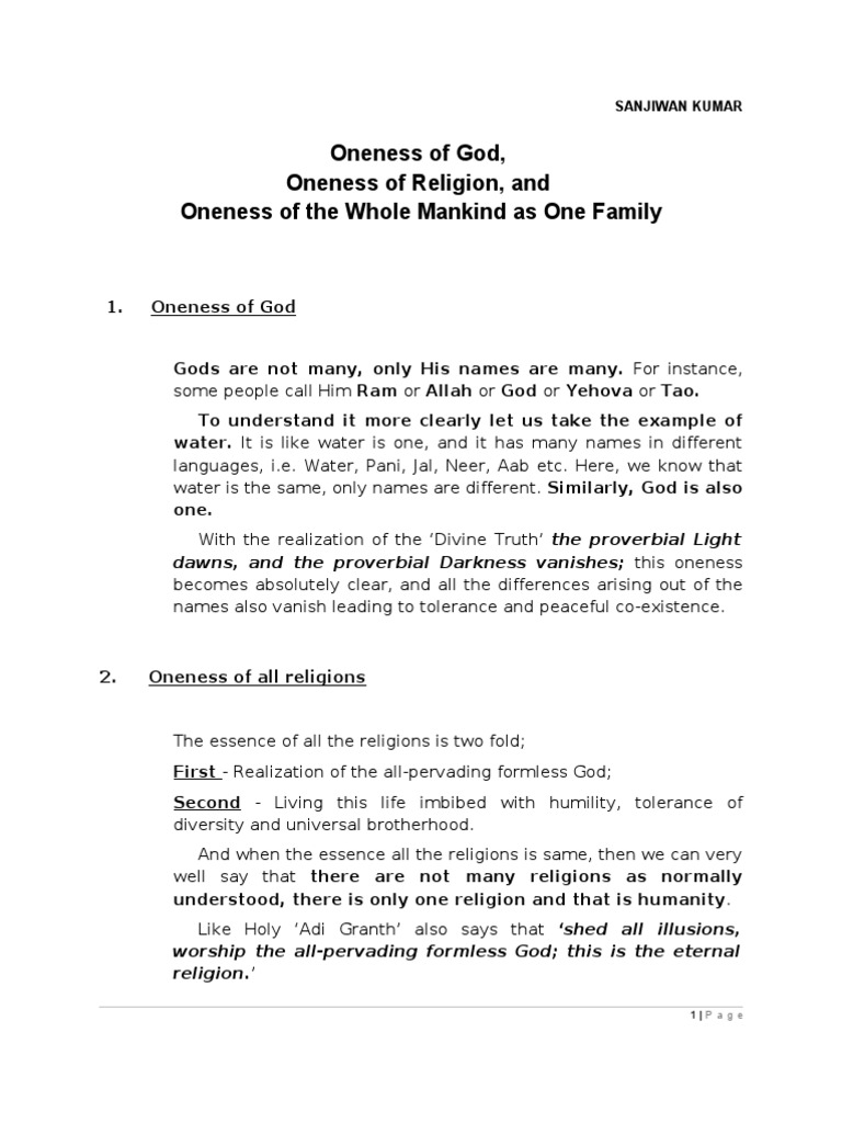 Oneness of God, Oneness of Religion, and Oneness of The Whole Mankind ...
