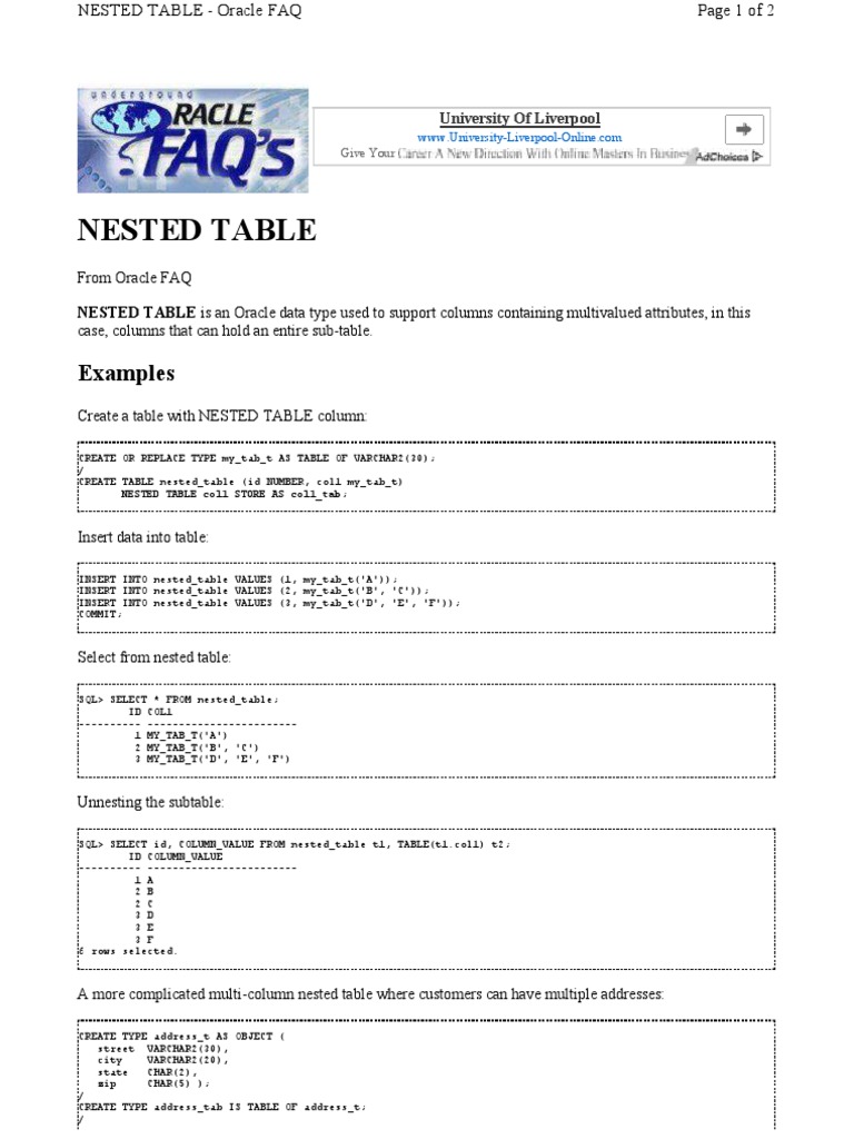 Oracle Nested Tables | PDF