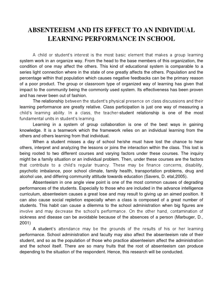 Absenteeism and Its Effect To An Individual Learning Performance in ...