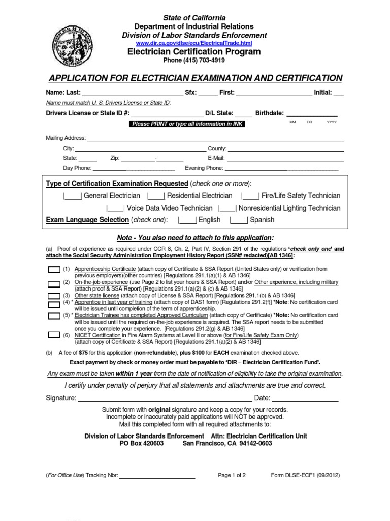 Electrical Cetification Form | Electrician | Apprenticeship