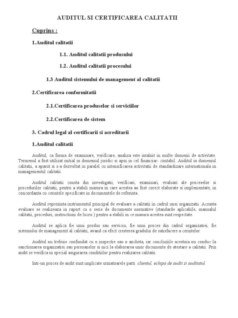 Auditul Si Certificarea Calitatii
