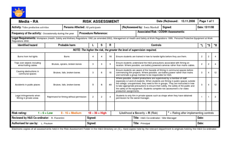 Generic Risk Assessment for Camerawork | Occupational Safety And Health ...