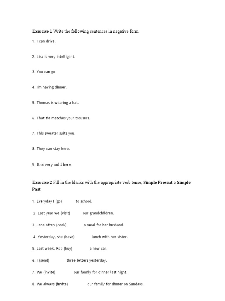 Negative Form Exercises for Tenses | PDF