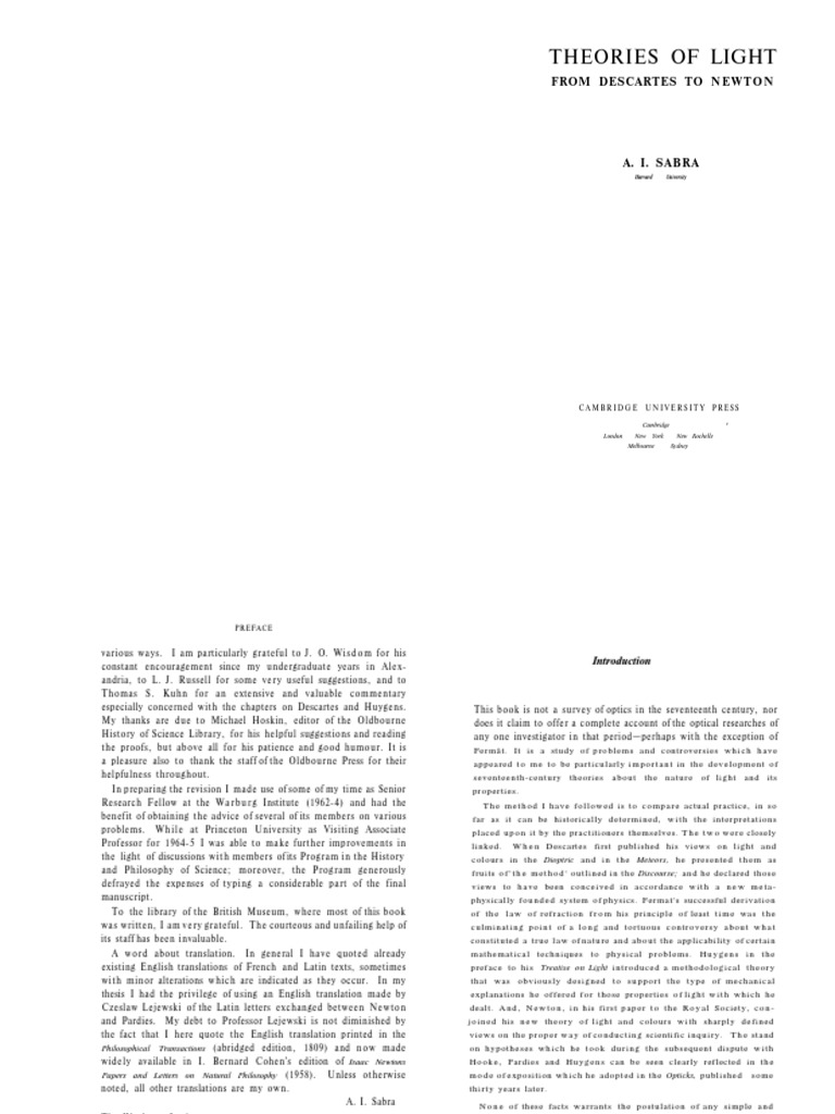 A. I. SABRA - Theories of Light - Descartes. | PDF | René Descartes | Light