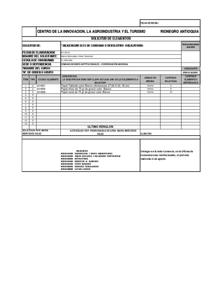 Formato de Solicitud de Insumos