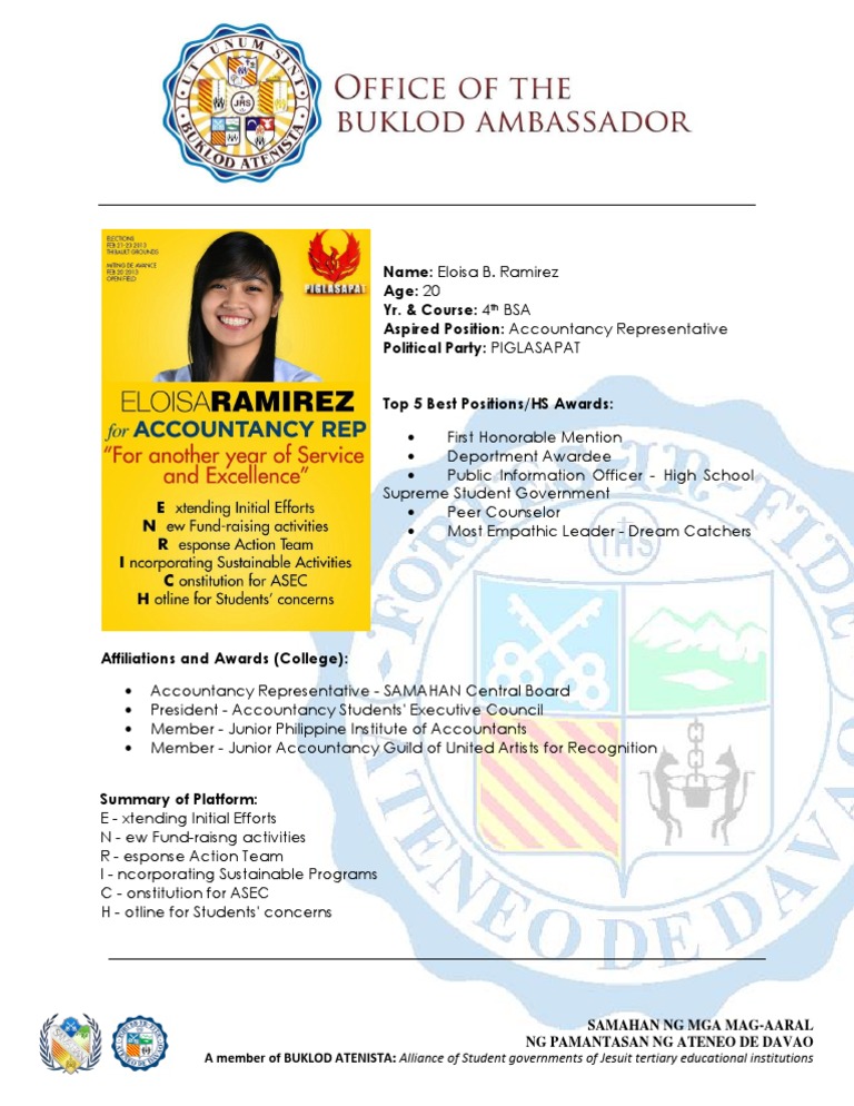 Name: Eloisa B. Ramirez Age: 20 Yr. & Course: 4 Aspired Position: Accountancy Representative ...