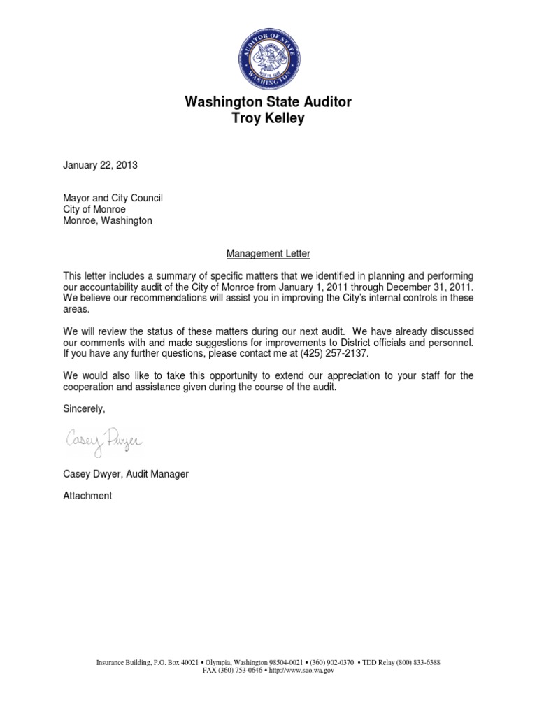 Washington State Auditor Management Letter To The City of Monroe | PDF ...