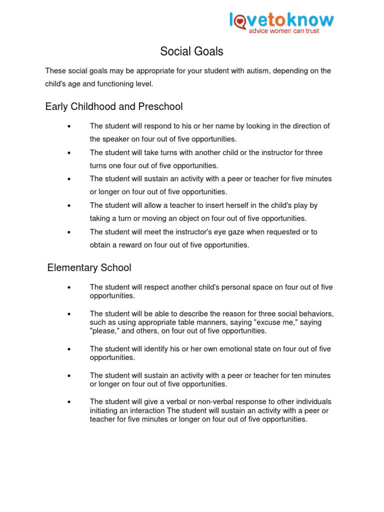 Social Goals for Students with Autism | PDF | Career & Growth