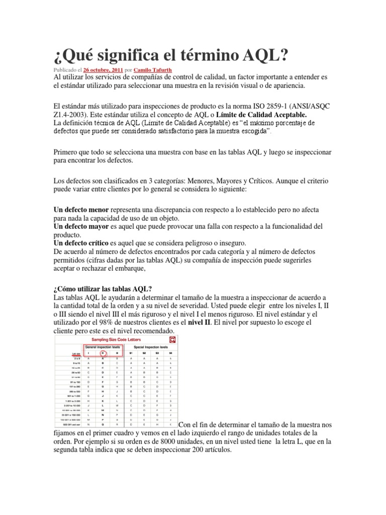 El significado del término AQL y cómo se utilizan las tablas AQL para ...