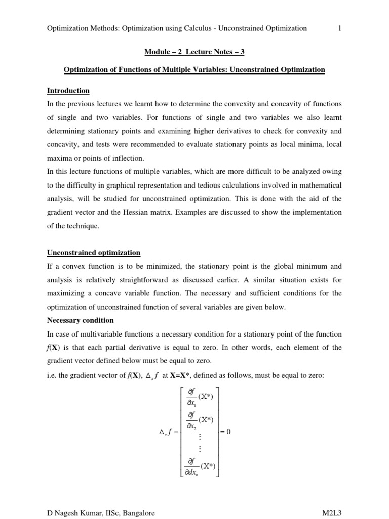 Necessary and Sufficient Conditions for Unconstrained Optimization of Multivariable Functions ...