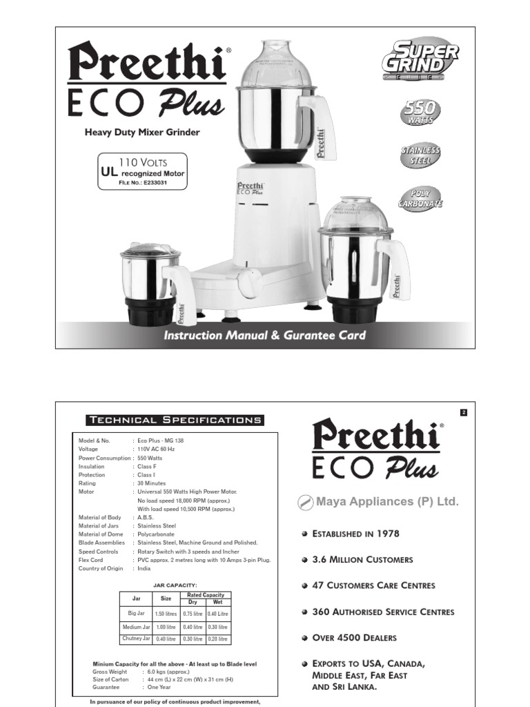 Preethi ECO PLUS Mixie Manual | PDF | Chutney | Curry