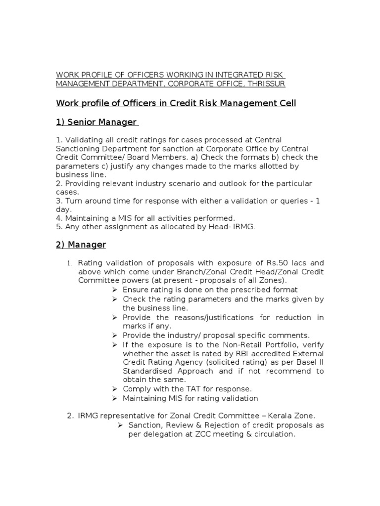 Work Profile of Officers in Credit Risk Management Cell 1) Senior ...
