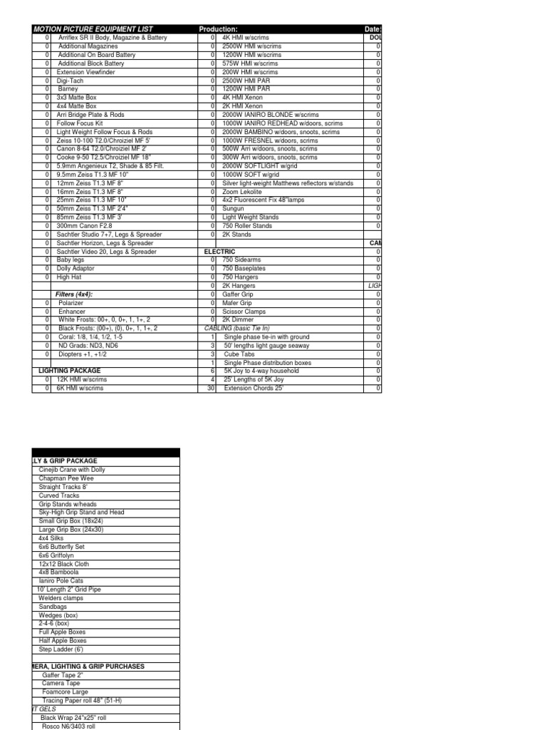 Motion Picture Equipment List | PDF | Video | Photography Equipment