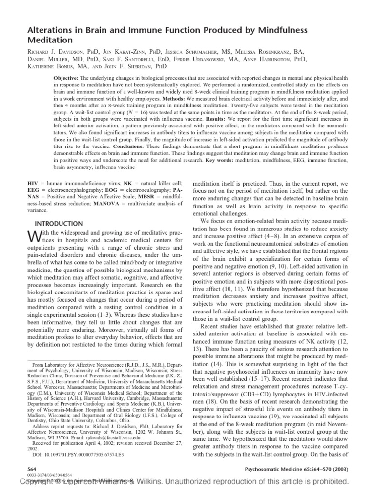 Richard J.davidson - Alterations in Brain and Immune Function Produced ...