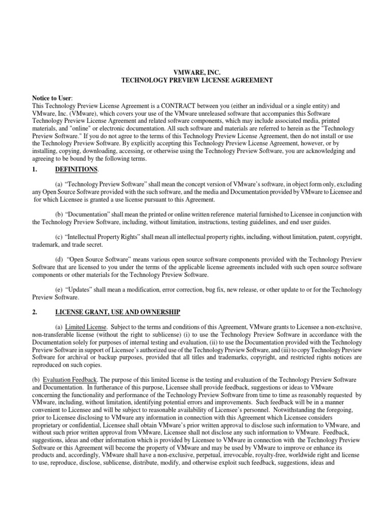 VMware Tech Preview License Agreement | PDF