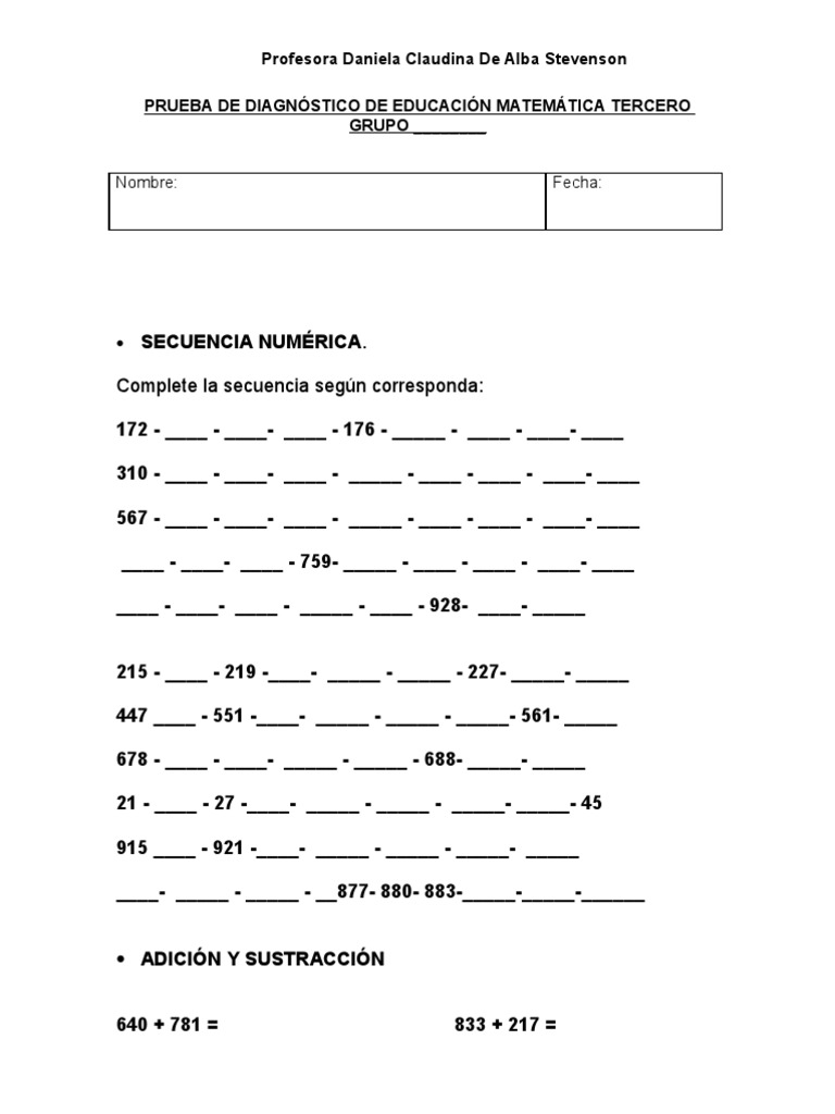 Prueba Diagnóstica Matemáticas 3° | PDF | Sustracción | Notación Matemática