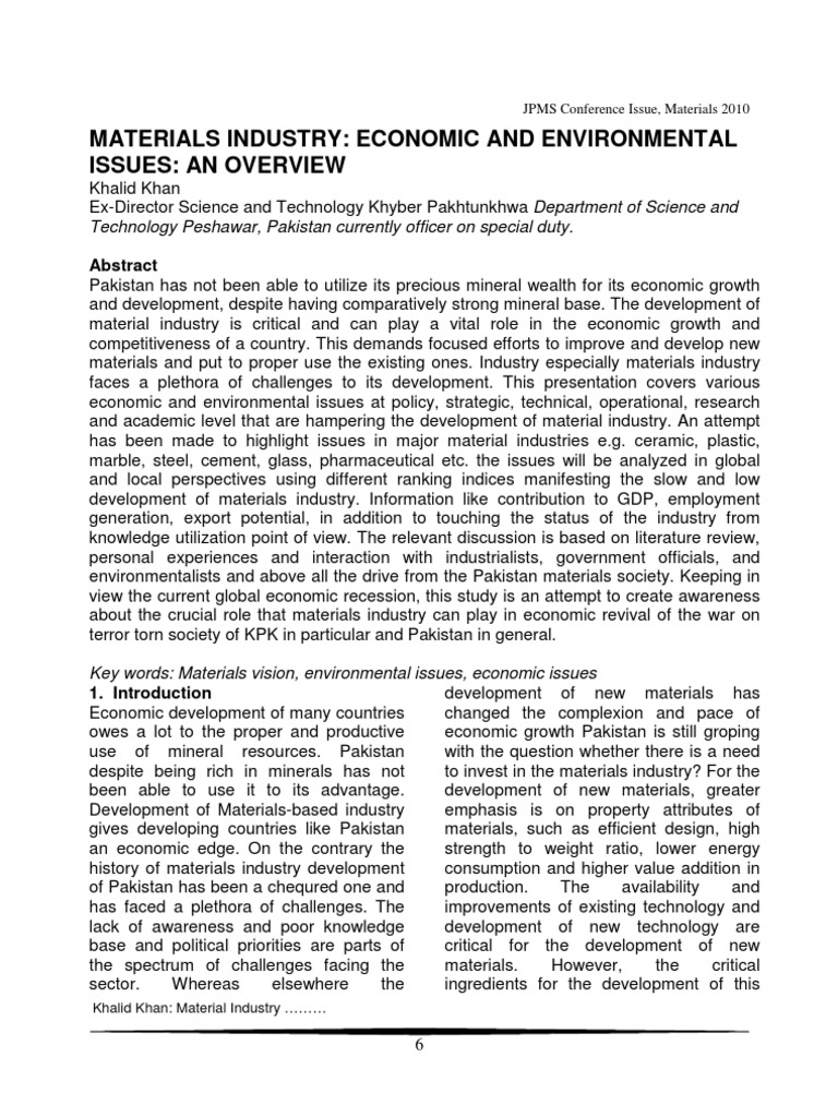 Materials Industry - Economic and Environmental Issues - An Overview ...
