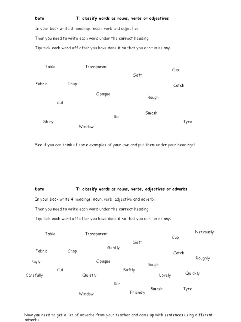 Worksheet-Classify Words As Nouns, Verbs, Adjectives, Adverbs ...