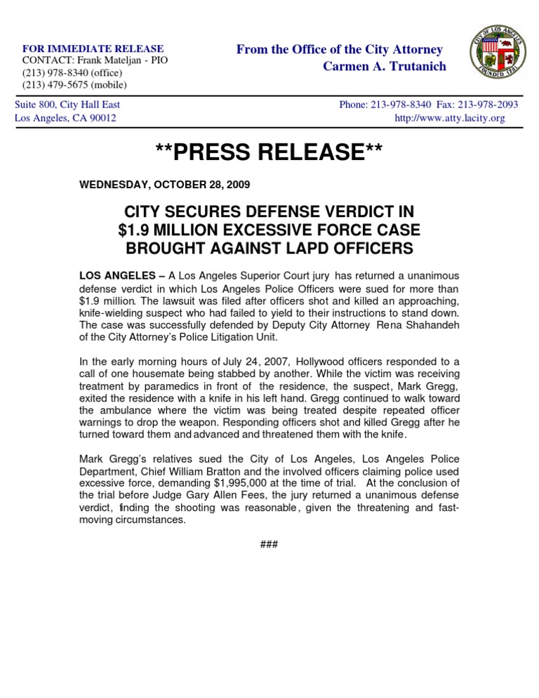 LAPD Wins $1.9M Excessive Force Case | PDF | Mystery, Thriller & Crime ...