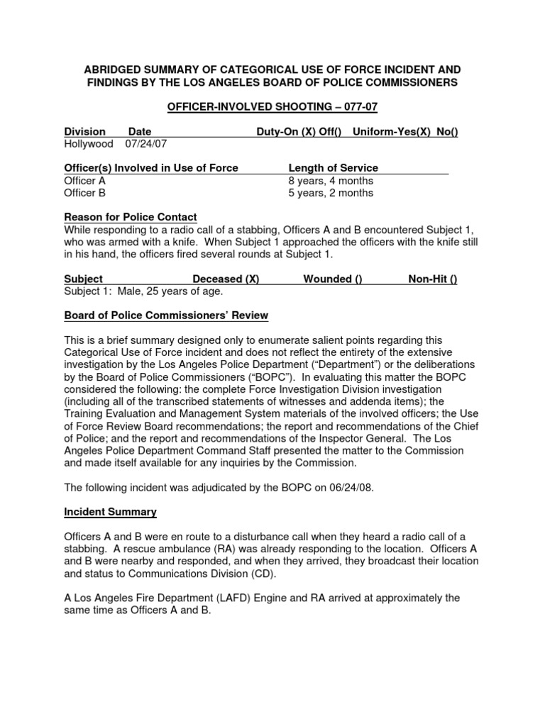 Abridged Summary of Categorical Use of Force Incident and Findings by ...