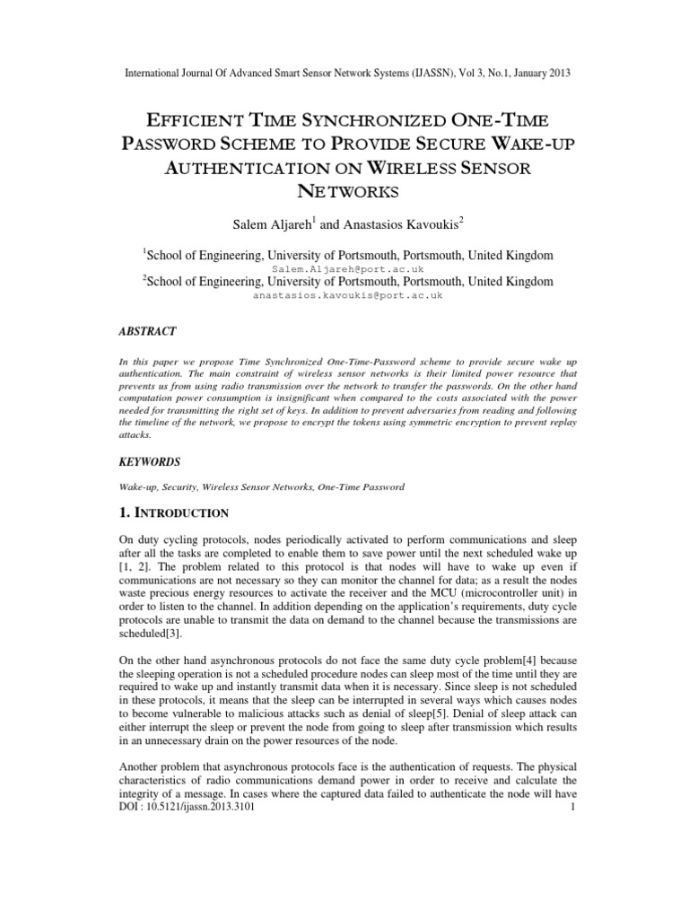 Efficient Time Synchronized One-Time Password Scheme To Provide Secure Wake-Up Authentication ...